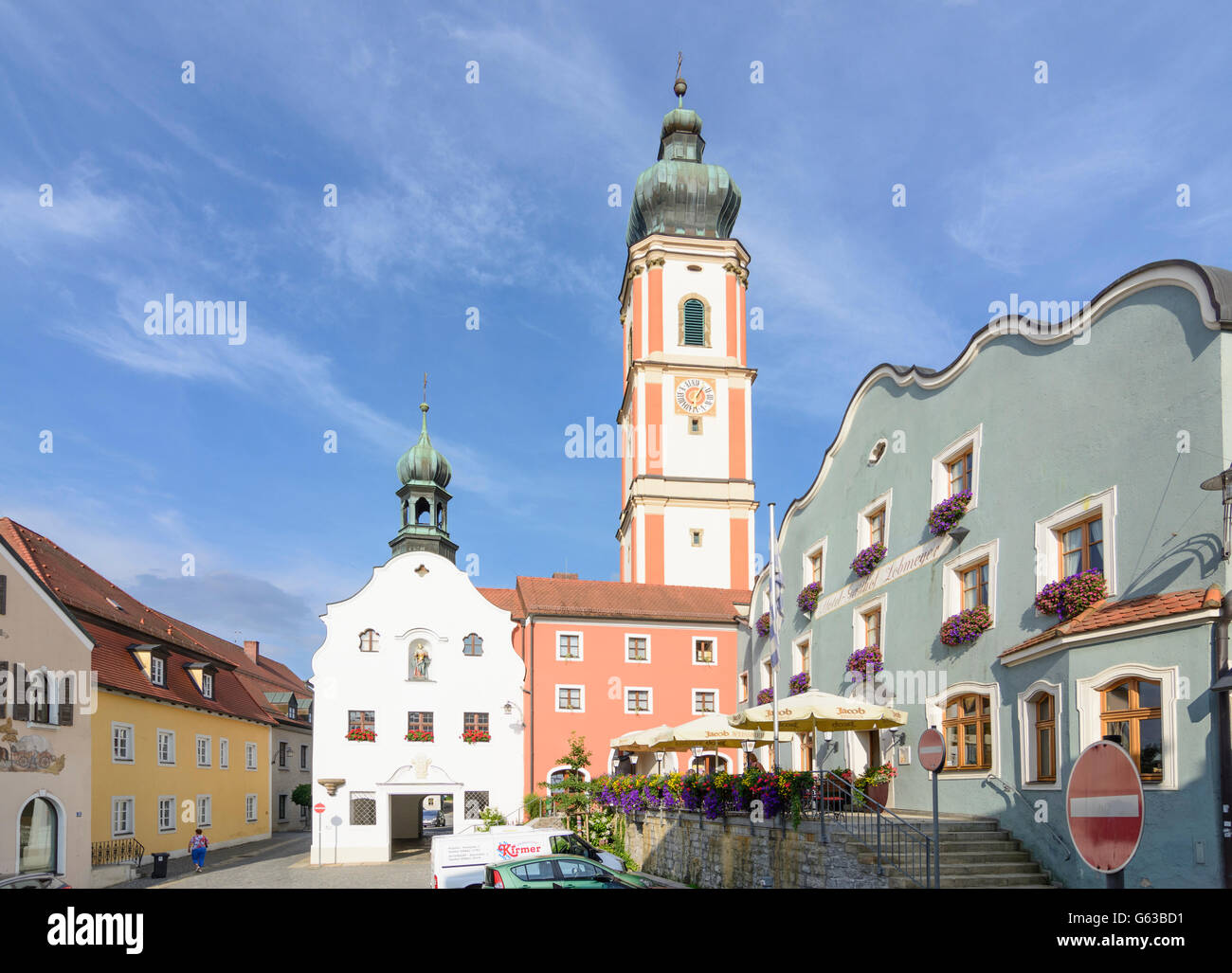 Old Town Hall (white), church St. Pankratius, Roding, Germany, Bayern ...