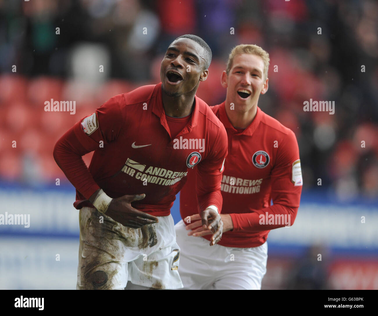 Charlton Athletic's Jonathan Obika (left) celebrates scoring his teams ...