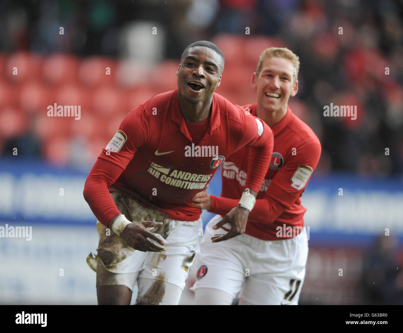 Charlton Athletic's Jonathan Obika (left) celebrates scoring his teams ...