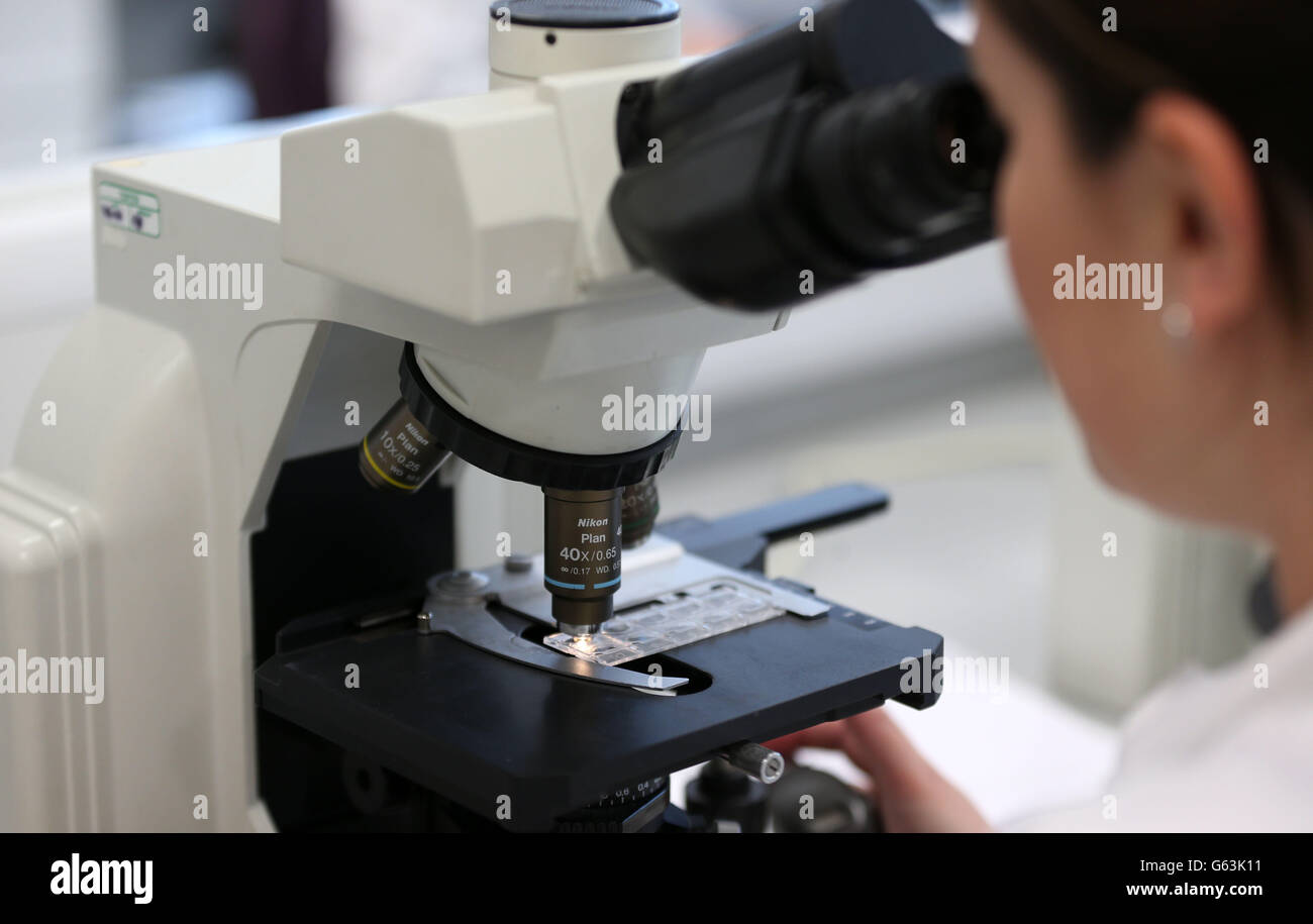 General View of a woman using a microscope at the opening of the ...