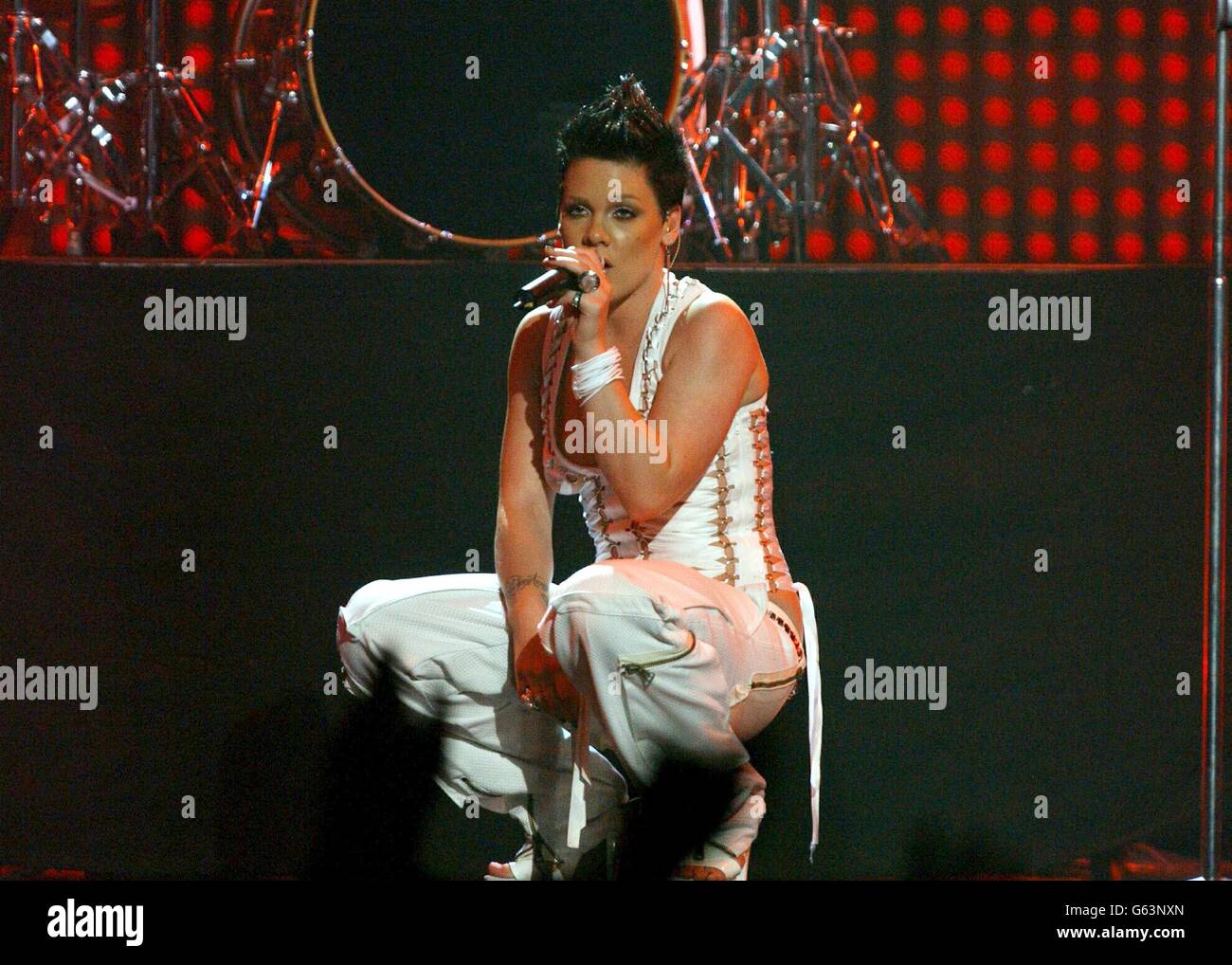 Pink performing on stage during the MTV Europe Music Awards 2002, at ...