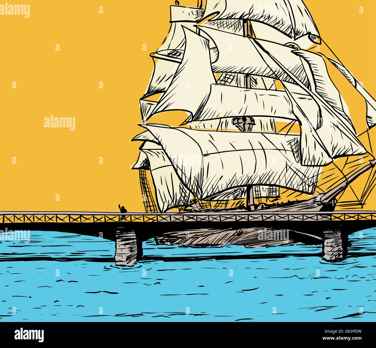 Single large clipper ship moving close to bridge over water Stock ...