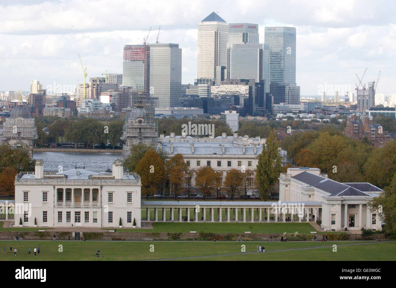 A general view of the Maritime Museum in Greenwich, with Canary Wharf ...