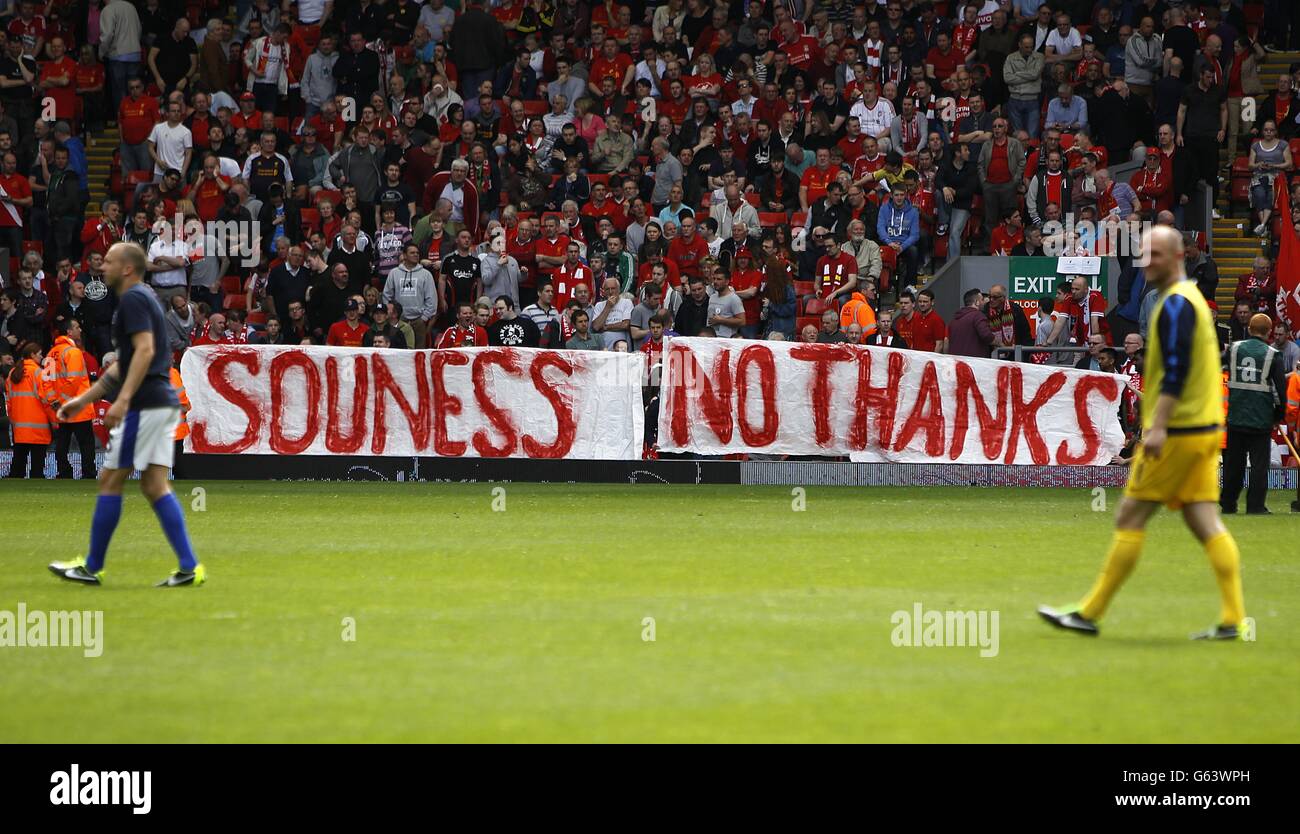 General view of Liverpool fans with a banner message for Graeme Souness ...