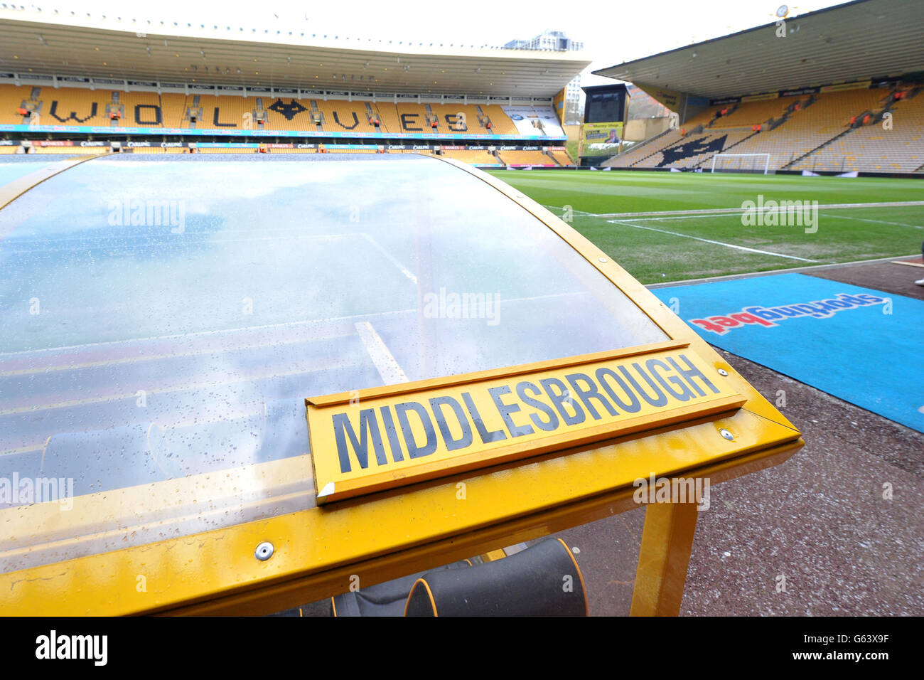 A general view of the away dugout at Molineux, home of Wolverhampton ...