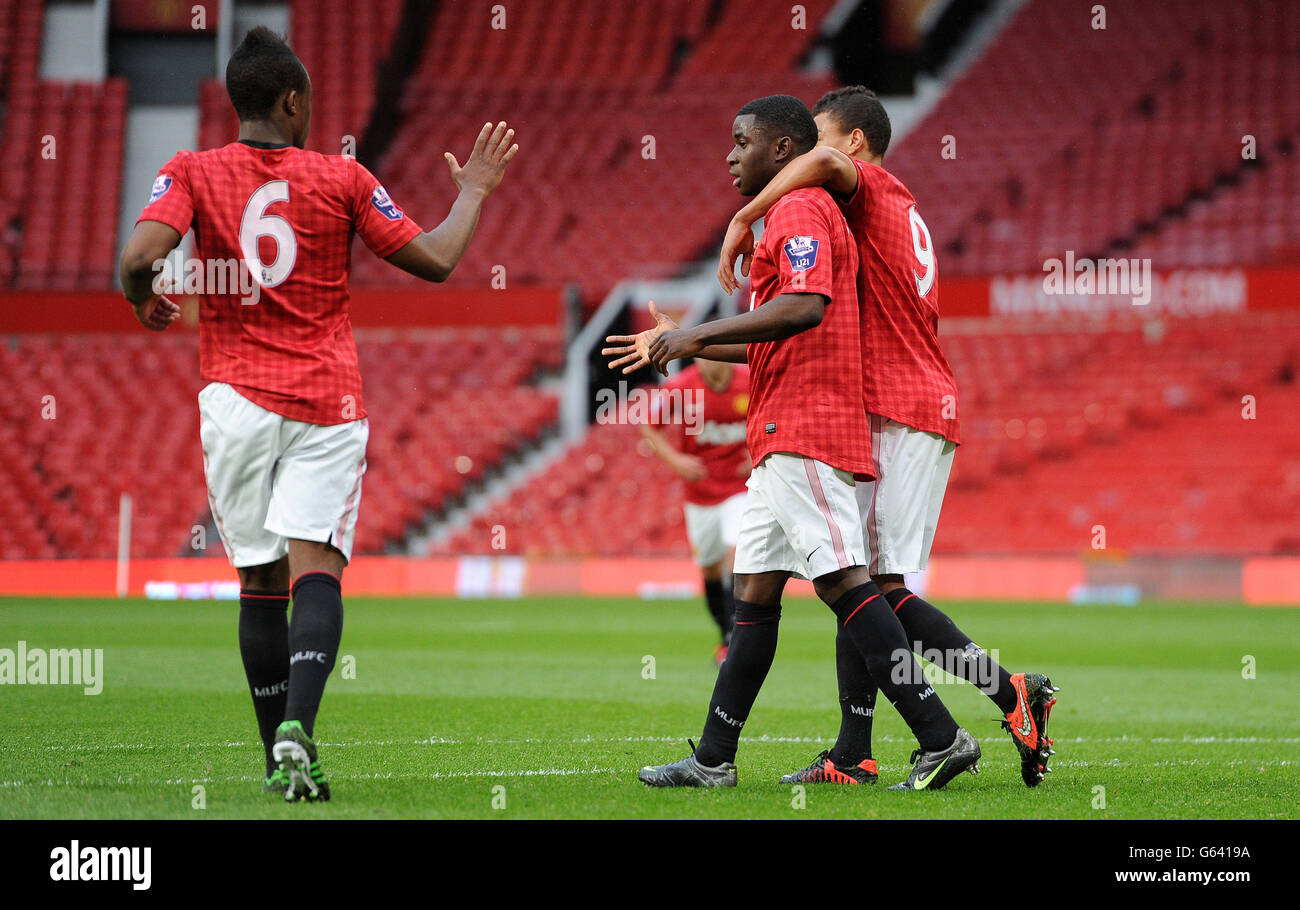 Manchester United's Larnell Cole (centre) celebrates scoring from the ...