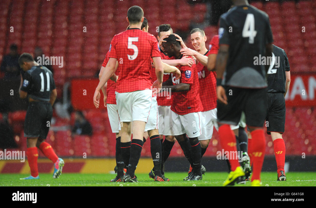 Manchester United's Larnell Cole (centre) celebrates scoring his hat ...