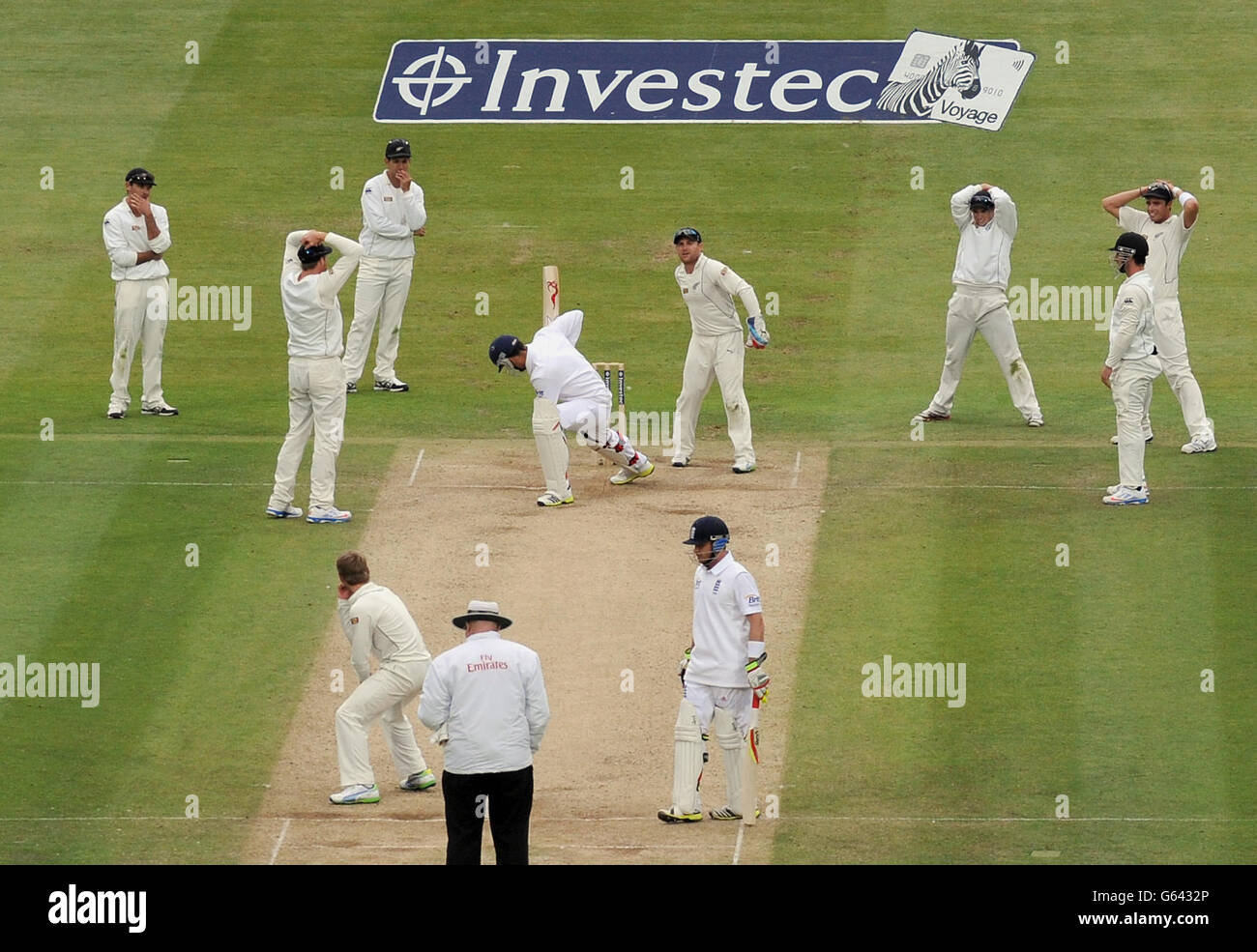 New Zealand players reacts as England's Steven Finn bats during the ...