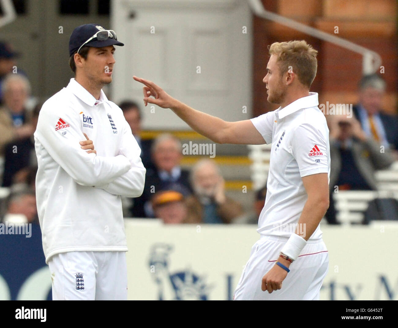England's Steven Finn and Stuart Broad during the first test at Lord's ...