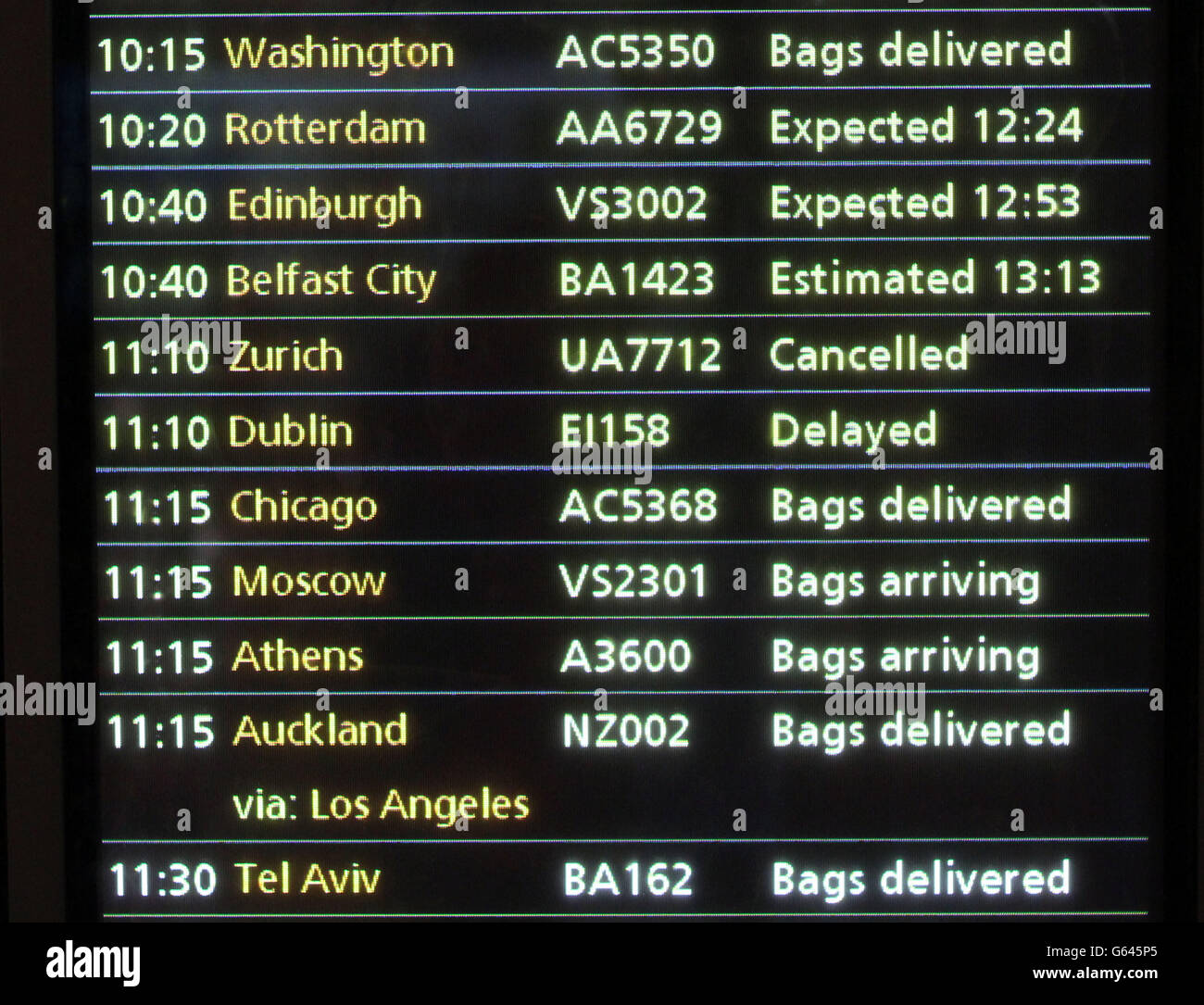 A flight board showing delayed and cancelled flights after a British ...