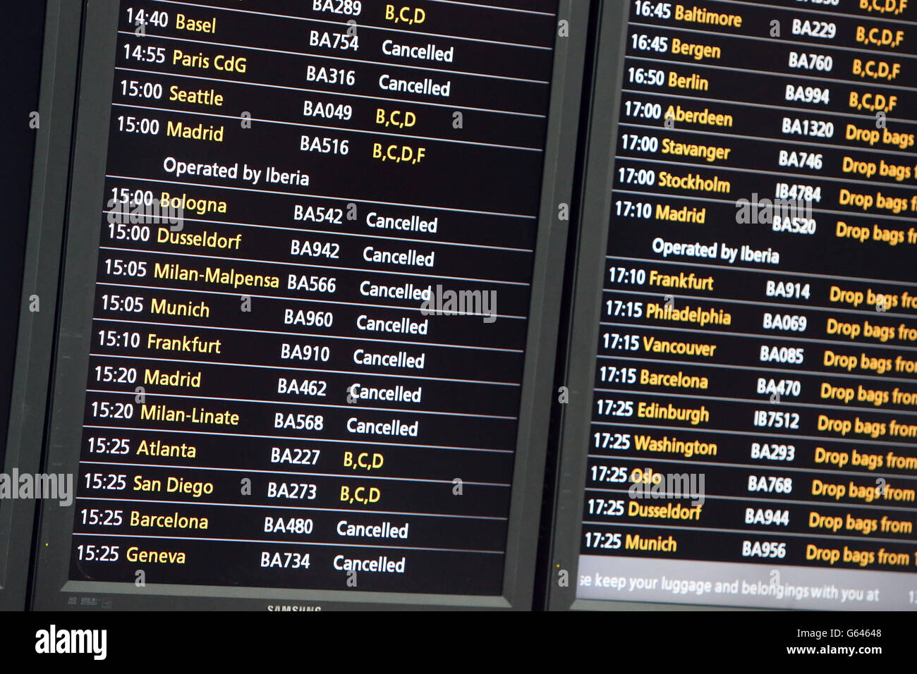 A flight board showing delayed and cancelled flights after a British ...