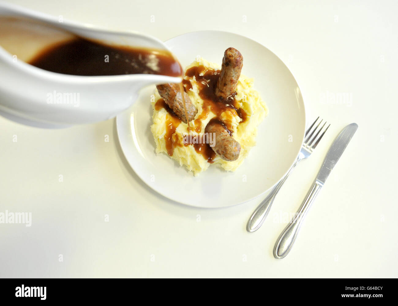 General view of a sausage and mash dinner Stock Photo - Alamy
