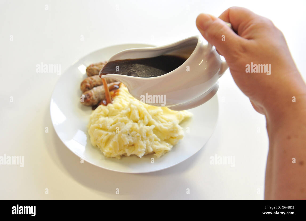 General view of a sausage and mash dinner Stock Photo - Alamy
