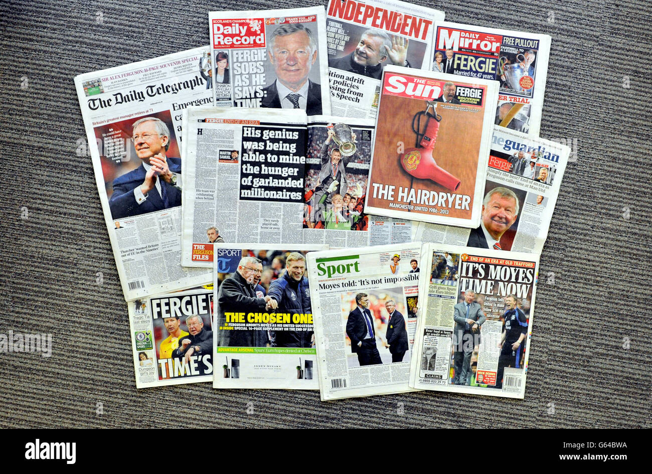 General view of the newspapers coverage the day after SIr Alex Ferguson ...