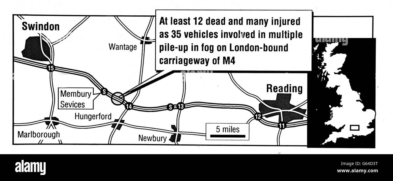Location of the multiple pile-up on the M4 in which at least 12 died ...