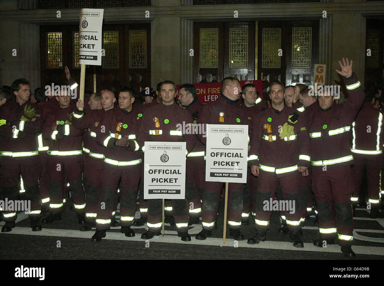 Firefighters from Lambeth Fire Station, London, man a picket line, as ...