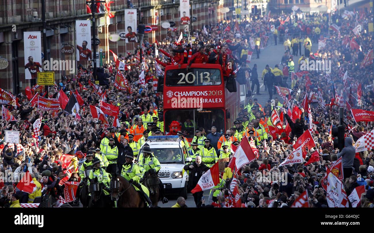 The Manchester United team bus on the streets of Manchester during the ...