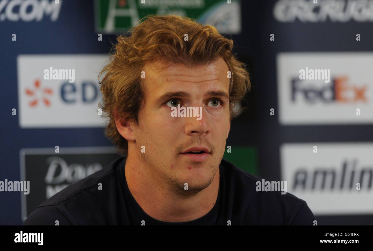 Clermont Auvergne captain Aurelien Rougerie speaks during a press ...