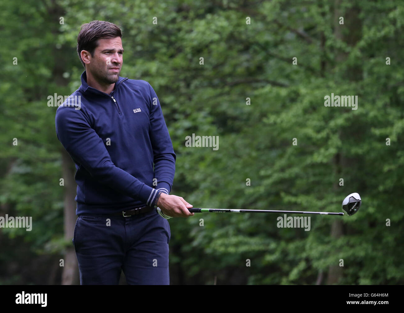 Gethin Jones looks on after driving his ball during The Mike Tindall ...