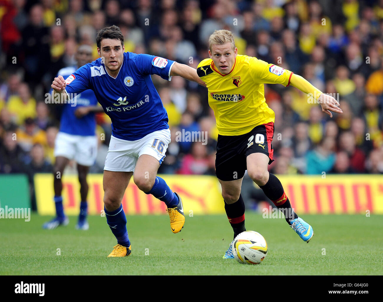 Leicester City's Matty James (left) and Watford's Matej Vydra during ...