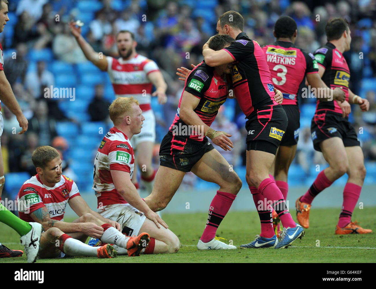 Leeds Rhinos' Kevin Sinfield is congratulated by Danny McGuire after ...