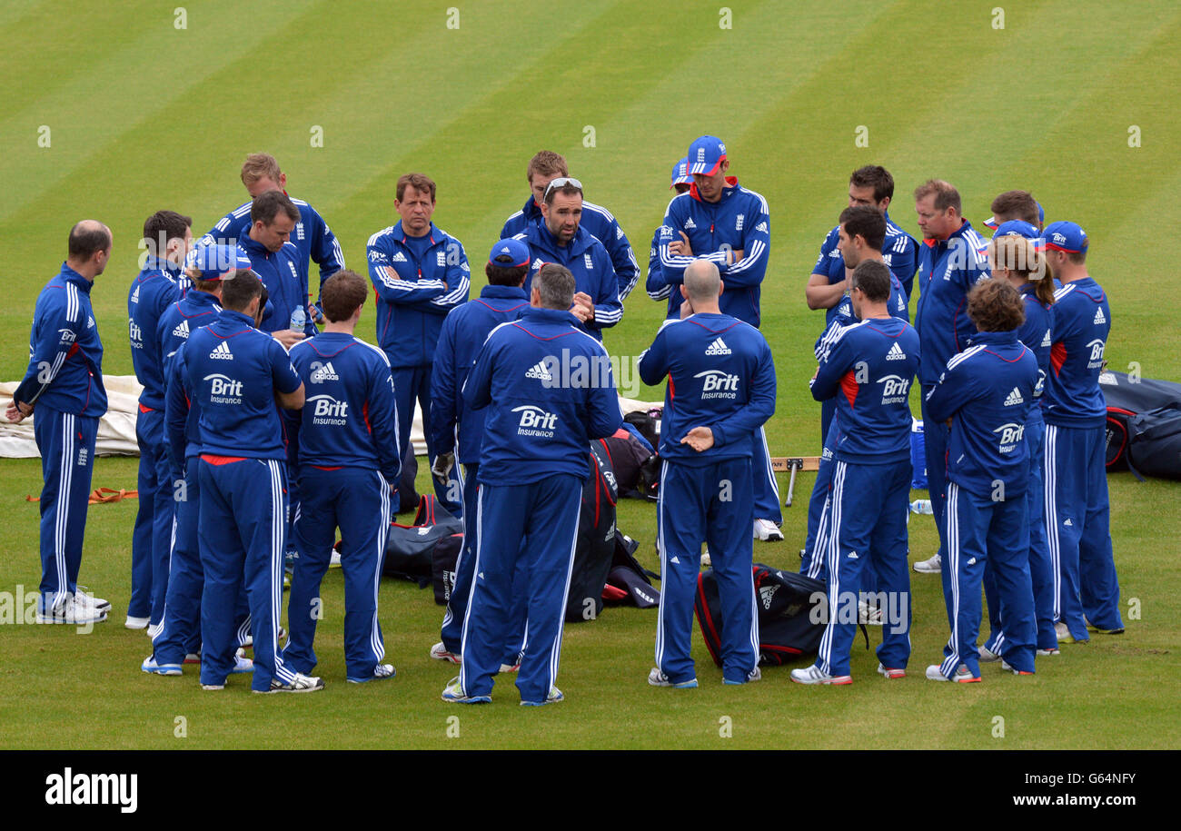 England players speak during a nets session at Lord's Cricket Ground ...
