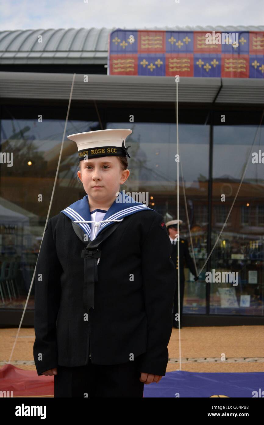 A Royal Navy Sea Cadet stands outside the new Mary Rose Museum at the ...