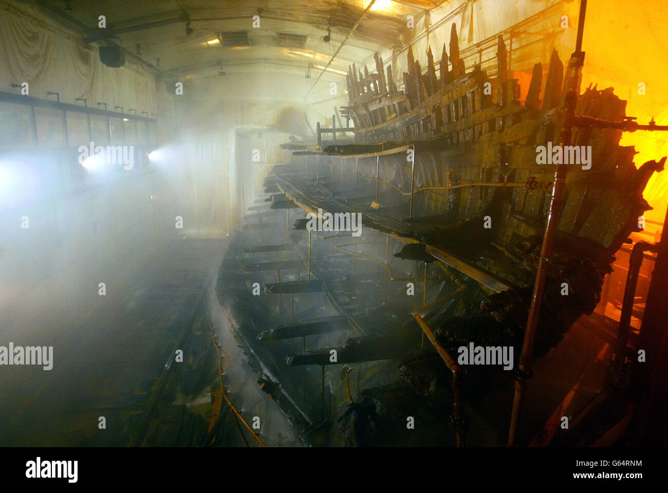 The Tudor warship Mary Rose sits in an atmospherically controlled dry ...
