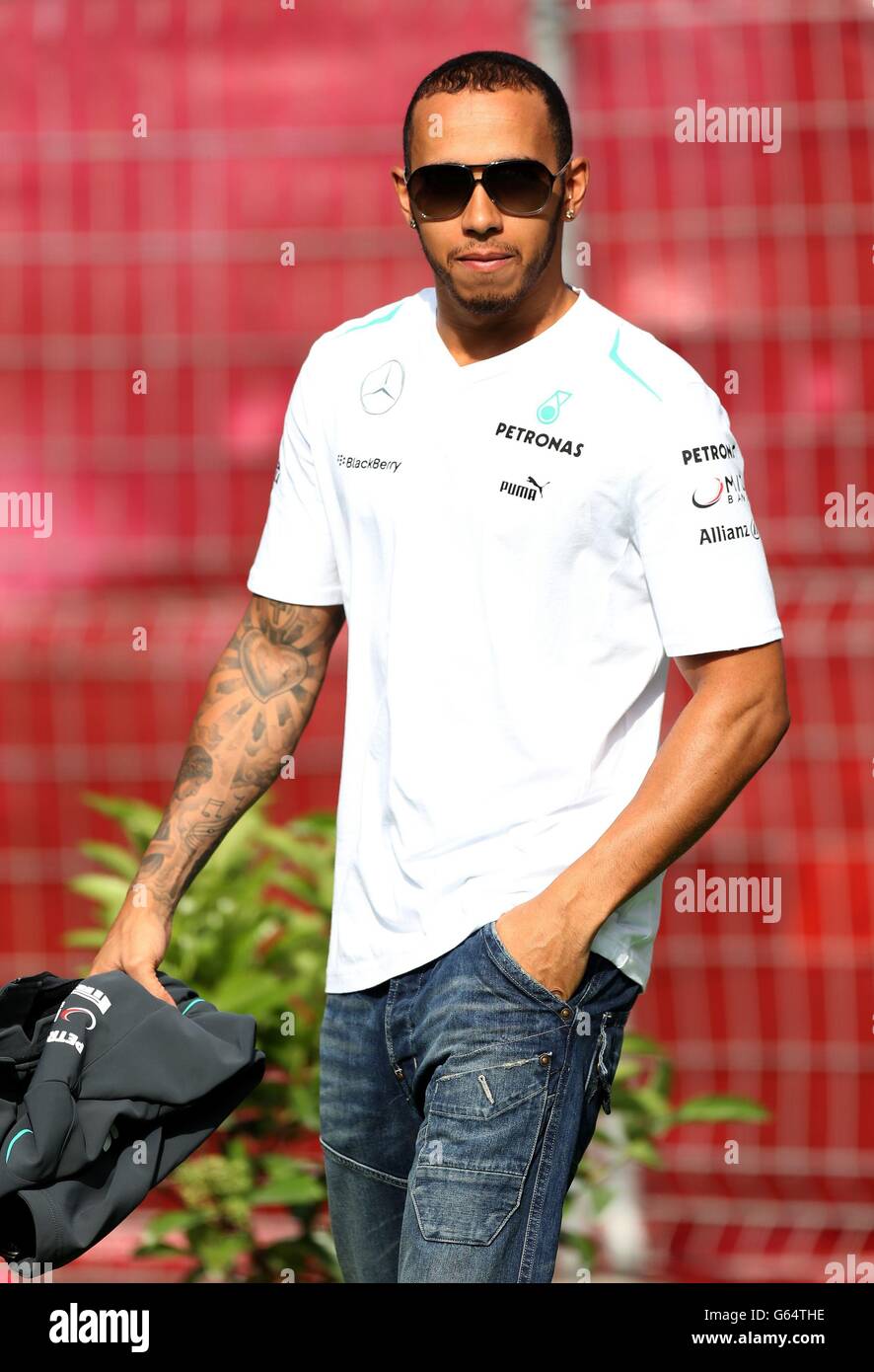 Mercedes driver Lewis Hamilton arrives at the Circuit de Catalunya ...