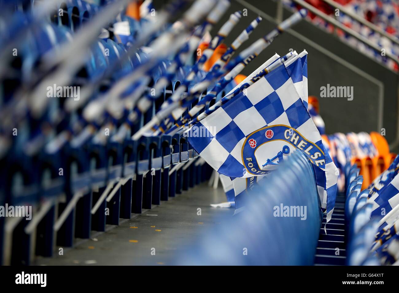 Chelsea flags line the seats at the Amsterdam Arena before the game ...