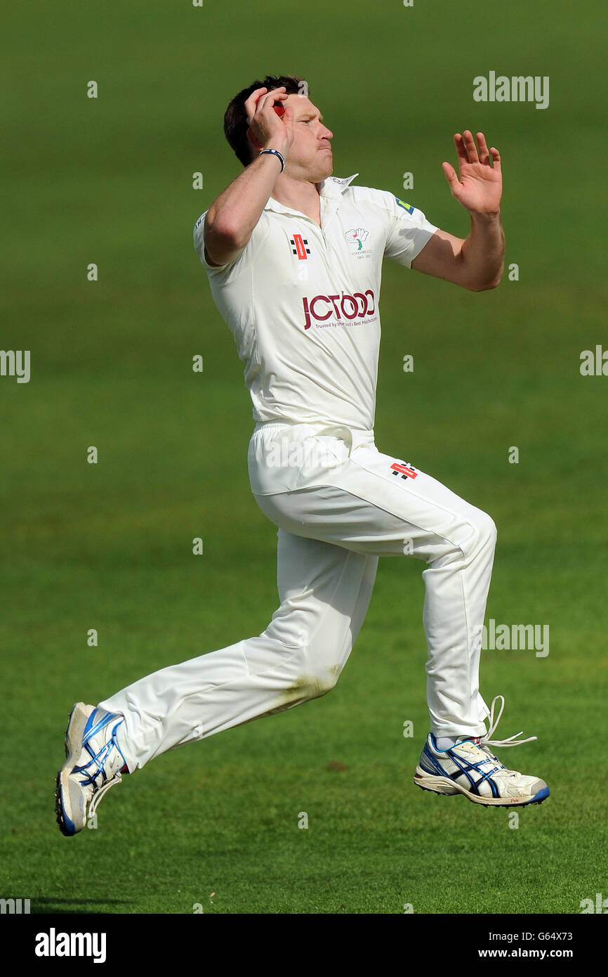 Yorkshire's Richard Pyrah bowls during the LV County Championship ...
