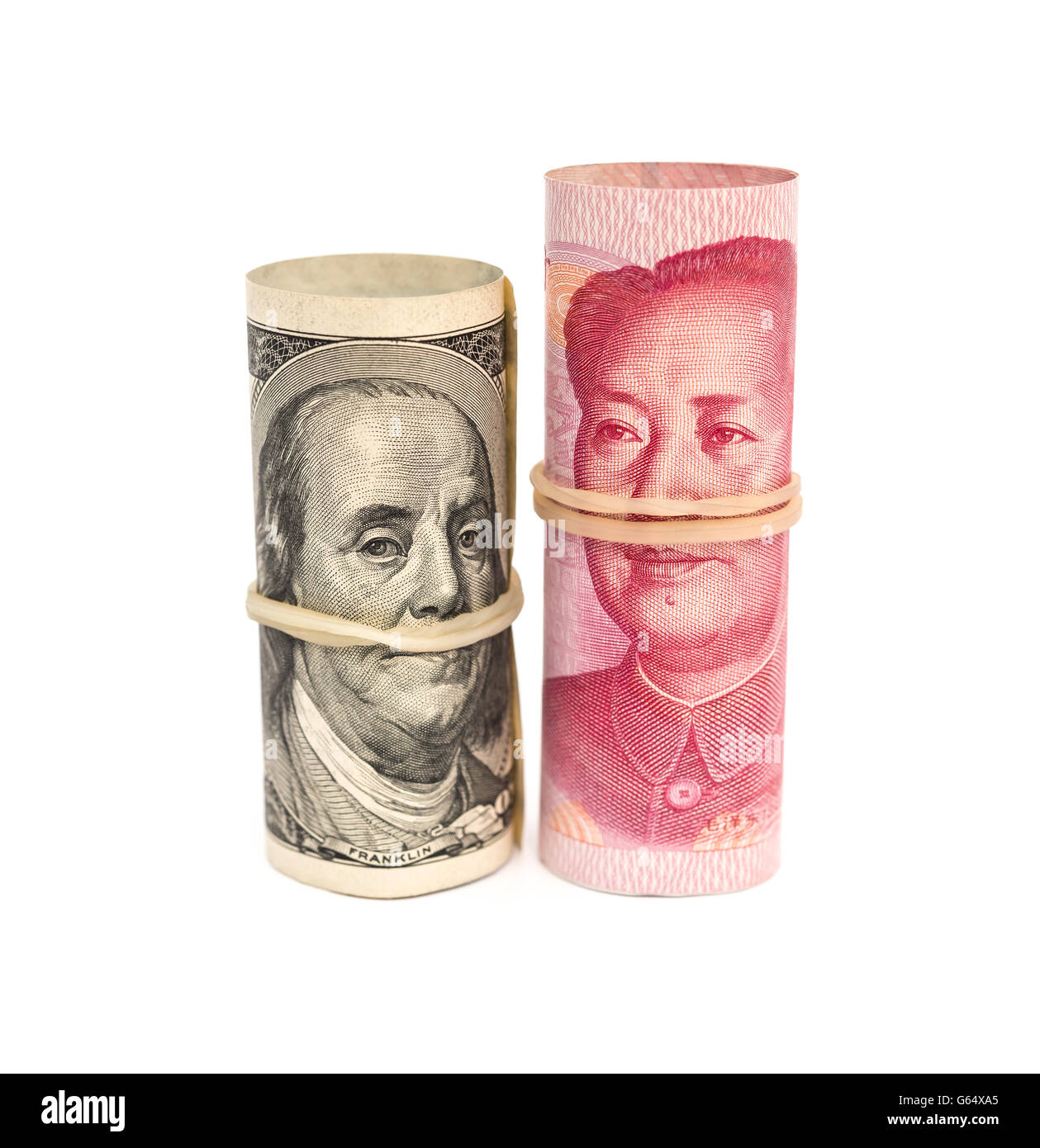 USD & RMB binded with elastic on white background Stock Photo - Alamy