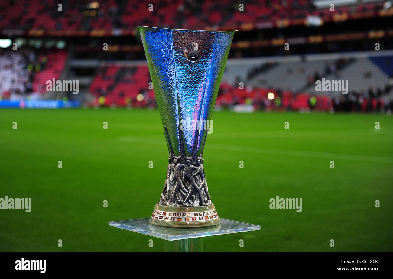 UEFA Europa League trophy reflecting Chelsea's blue colour on display ...