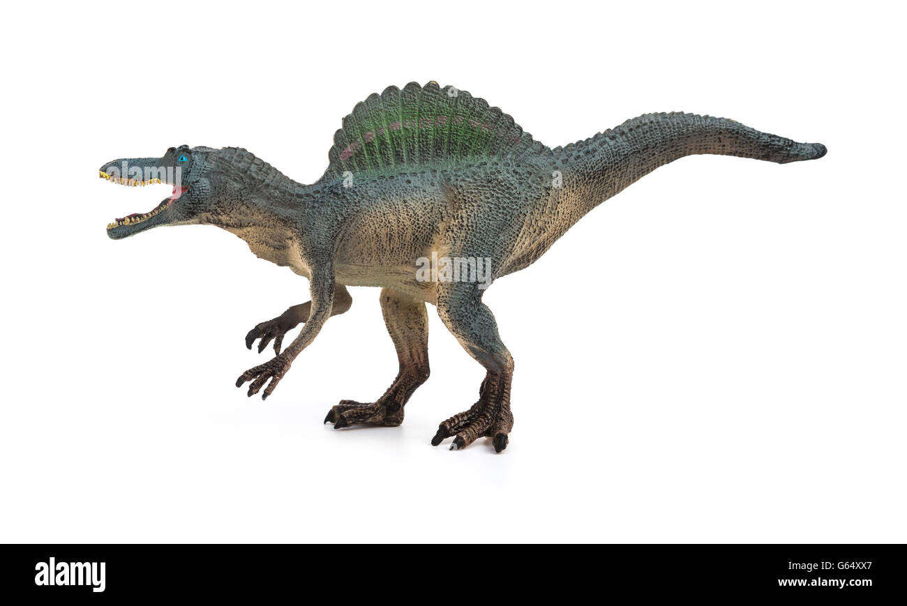 side view grey grey spinosaurus toy on a white background Stock Photo ...