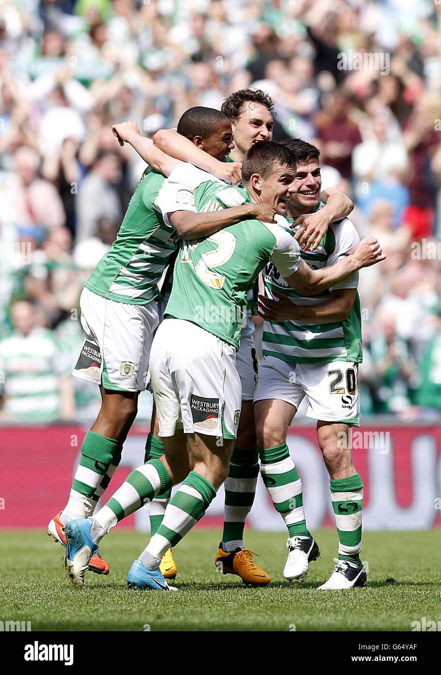 Yeovil Town's Joe Edwards (right) celebrates with his team-mates Kevin ...
