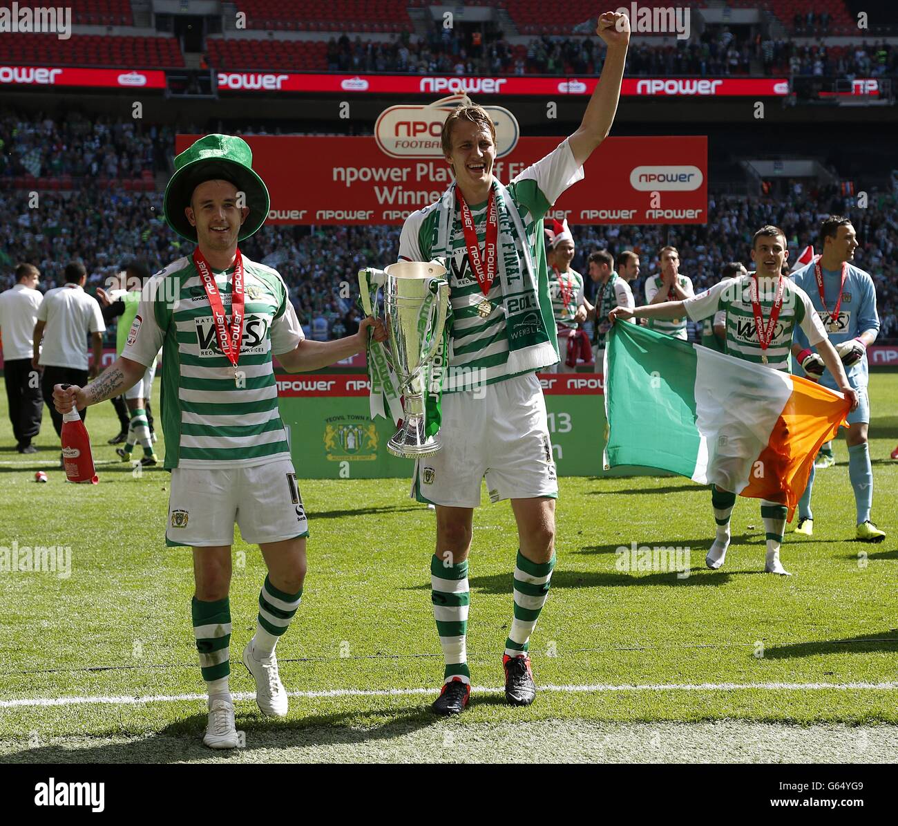 Yeovil Town's Dan Burn (right) and Paddy Madden (left) celebrate with ...