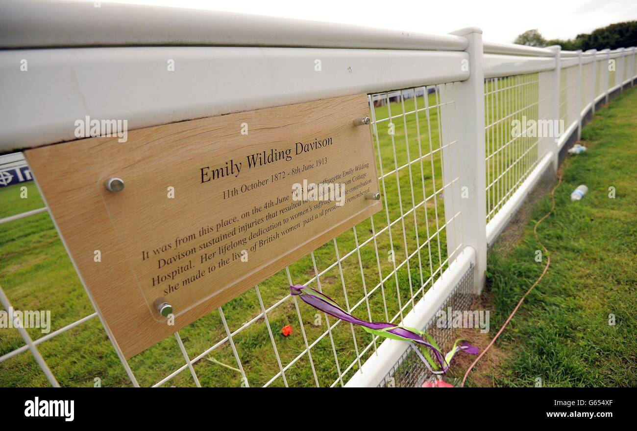 General view of a plaque on Tattenham Corner where Suffragette Emily ...