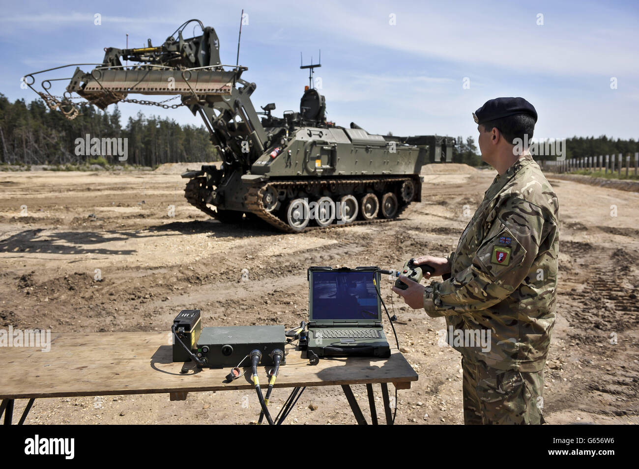 A soldier uses a games consol style controller to control a Terrier ...