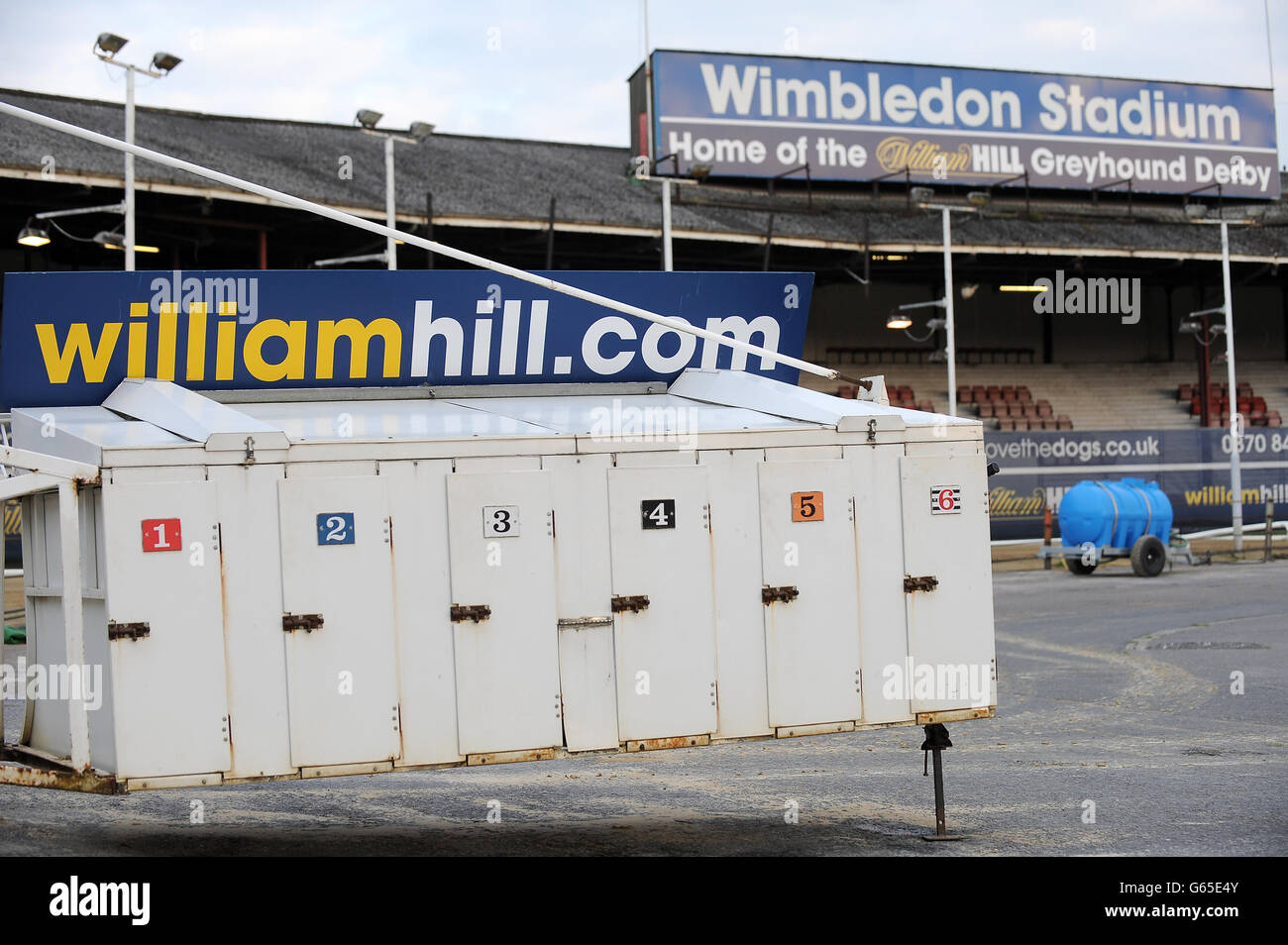 A view of the starting gates at Wimbledon Racecourse during The William ...