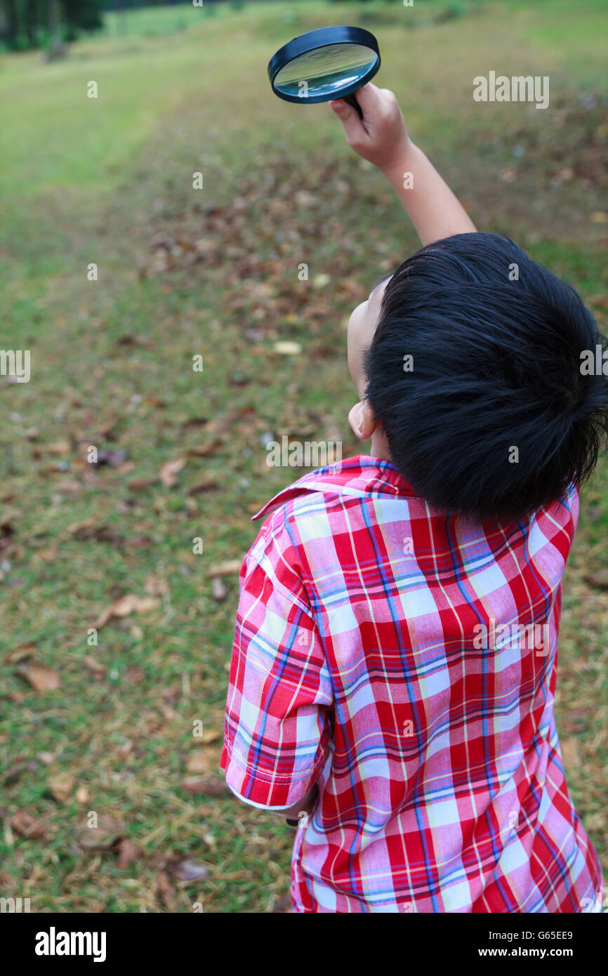 Happy kid enjoying in nature. Young boy exploring nature and looking up ...
