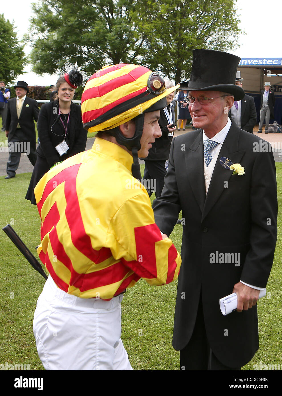 Guest of honour Pat Eddery (right) greets jockey Wayne Lordan prior to ...
