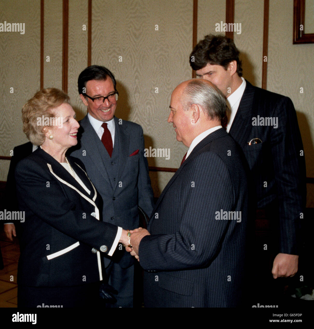 Prime Minister Margaret Thatcher shakes hands with Soviet President ...