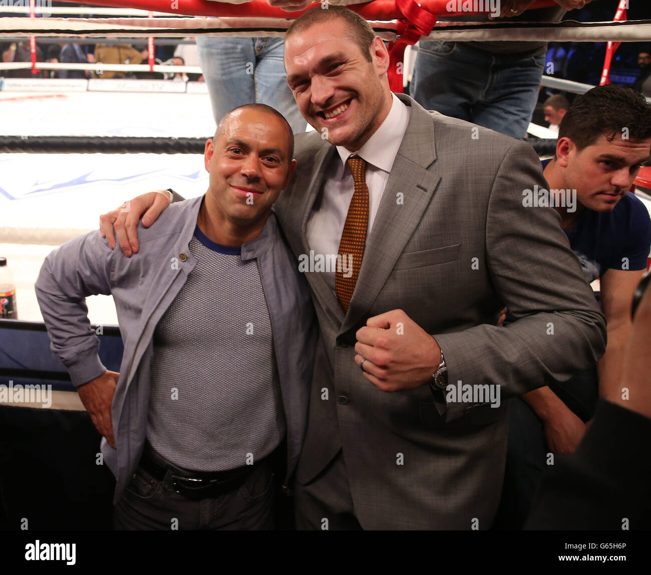 Boxer tyson fury right with david haye trainer adam booth hi-res stock ...