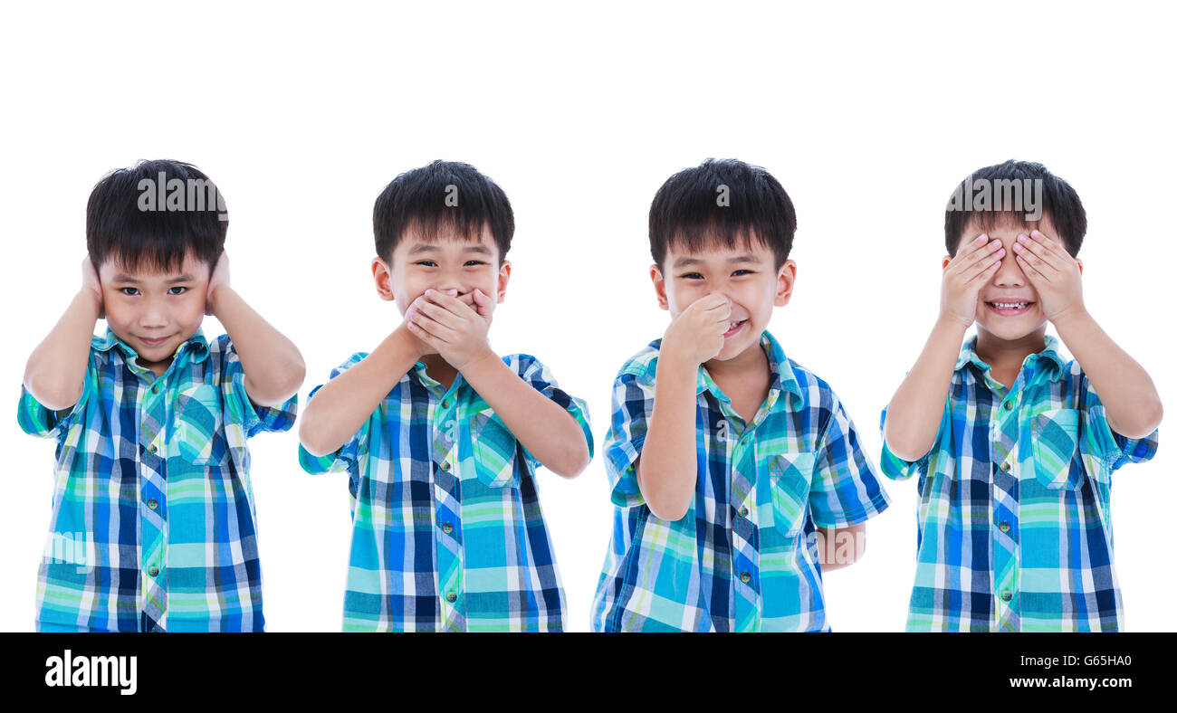 Set of four portrait of playful asian boy covering his ear mouth nose ...