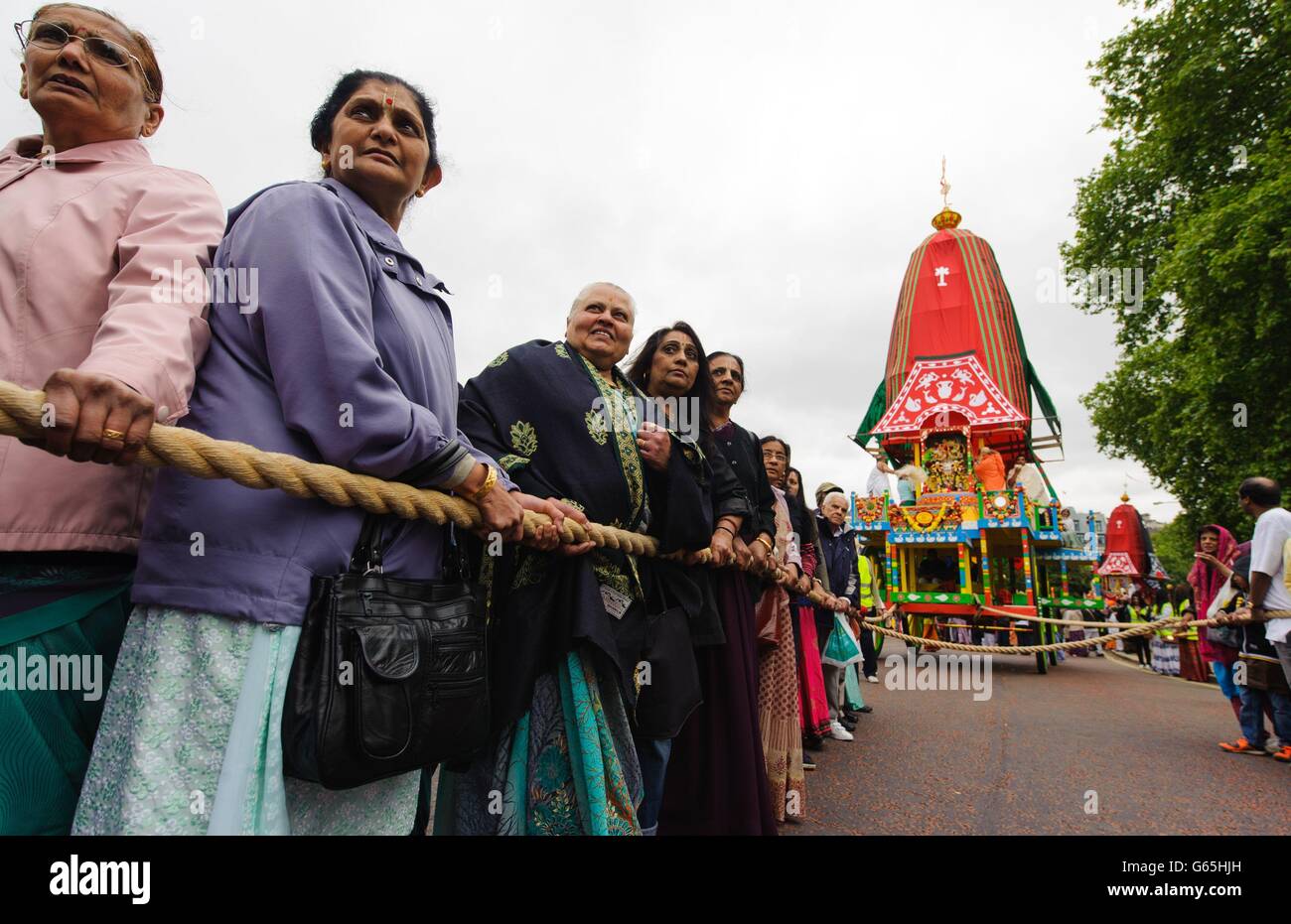 Worshippers prepare to pull one of three 40-foot high chariots during the Hare Krishna Ratha ...