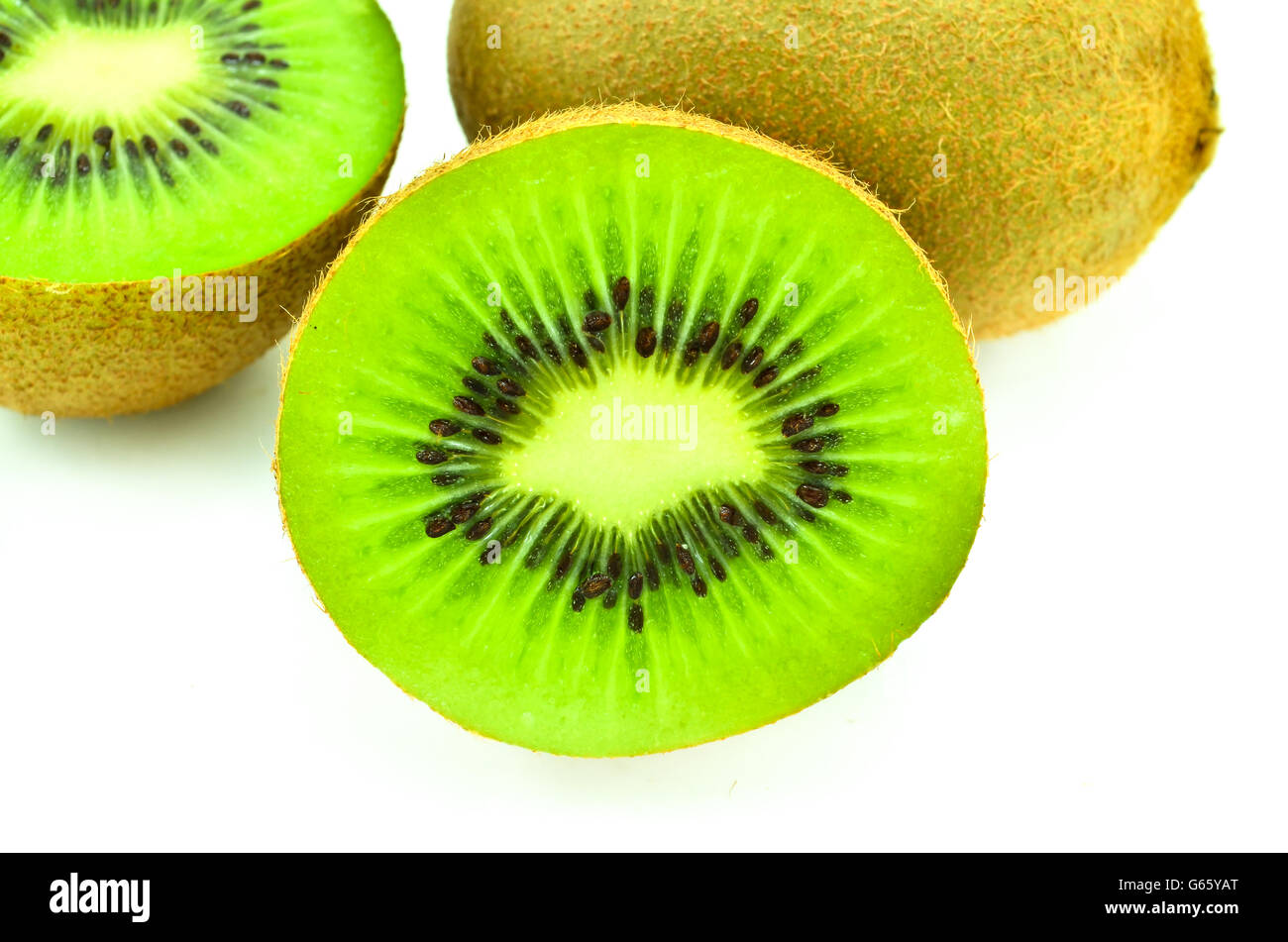 Whole kiwi fruit and his sliced segments isolated on white background ...
