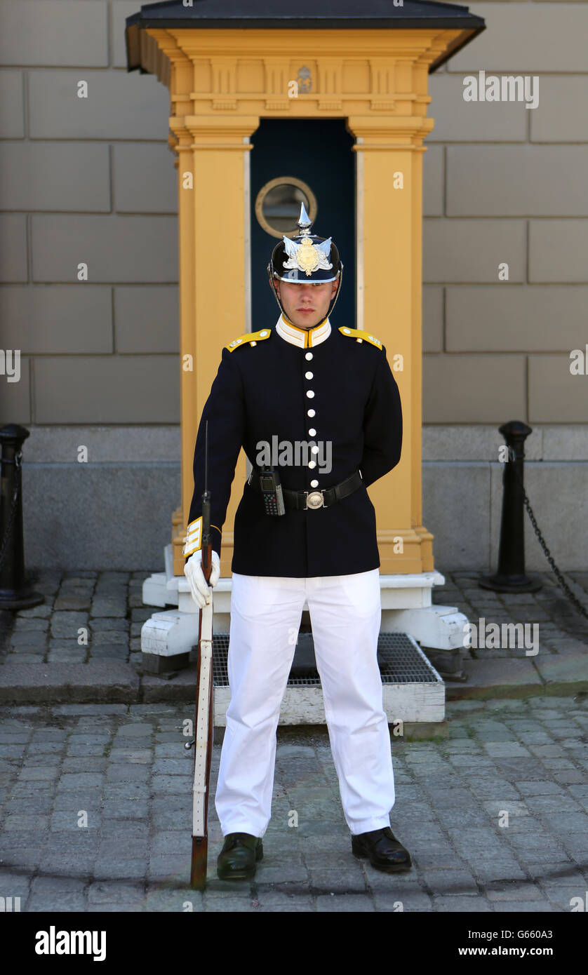 A Palace Guard stands outside the Royal Palace in Stockholm City in ...