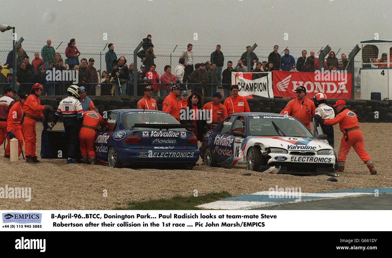 8-April-96. BTCC, Donington Park. Paul Radisich looks at team-mate ...