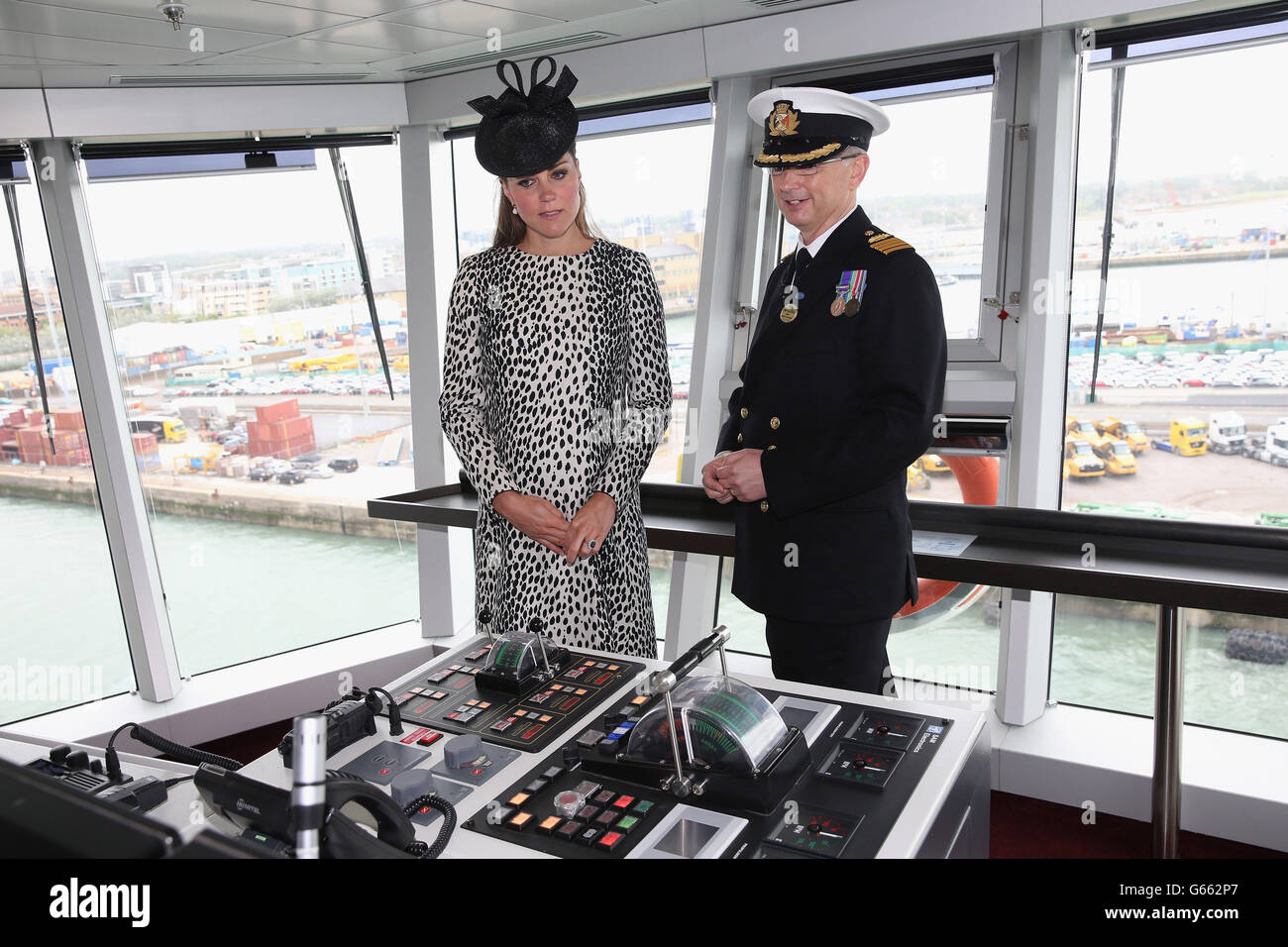 The Duchess of Cambridge on the bridge with Captain Tony Draper during ...