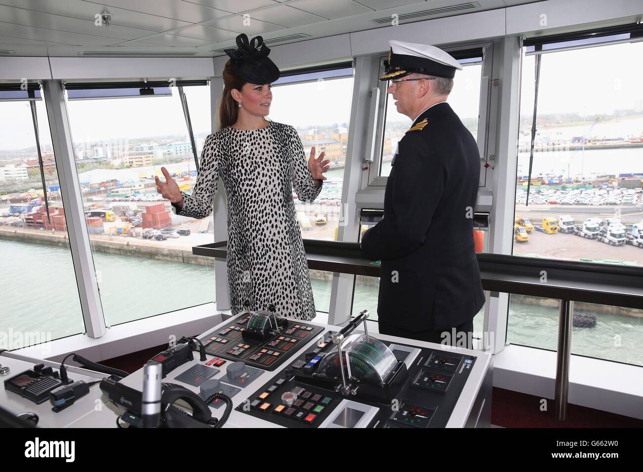 The Duchess of Cambridge on the bridge with Captain Tony Draper during ...